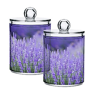 Kigai 2 Pack Purple Lavenders Qtip Holder Dispenser for Cotton Ball, Cotton Swab, Cotton Round Pads, Floss -Clear Plastic Apothecary Jar Set for Bathroom Canister Storage Organization