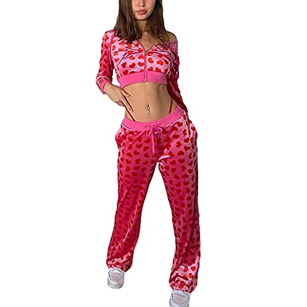 Kaenwang Women 's Heart Print Full Zip Velour Hoodie, Y2K Long Sleeve Crop Sweatshirt Cute Jogging Jacket (Red-top, Small)