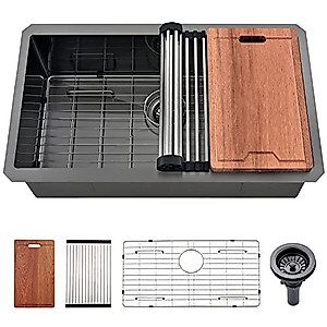 33 Black Undermount Kitchen Sink, 33x19x10 Inch 16 Gauge Black Stainless Steel Single Bowl Workstation Kitchen Sinks With Accessories BL34