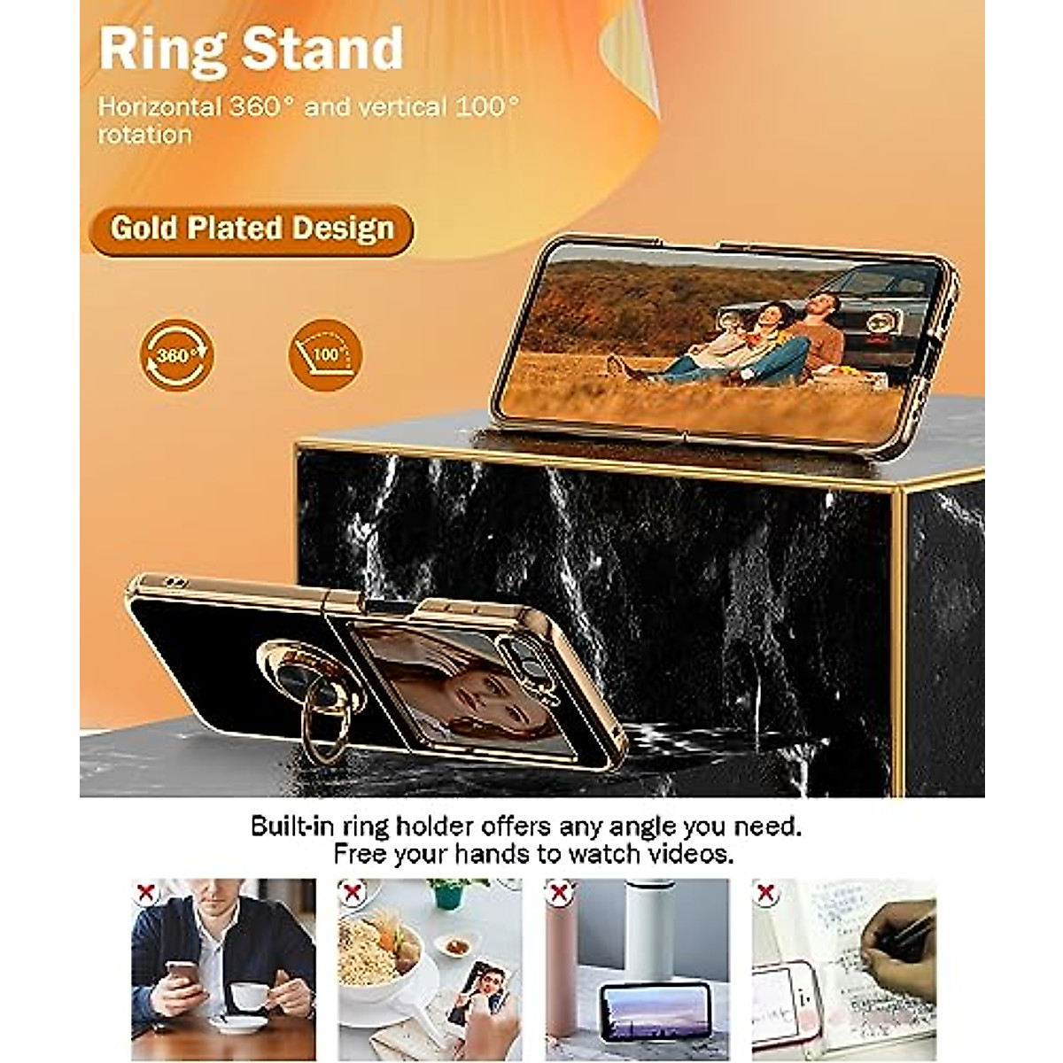 Jasmeas for Galaxy Z Flip 5 Case for Women Girl, Luxury Soft Back Cover with Ring Holder Plating Rose Gold Edge 360° Kickstand Slim Flexible Phone Case for Samsung Galaxy Z Flip5 (2023), Black