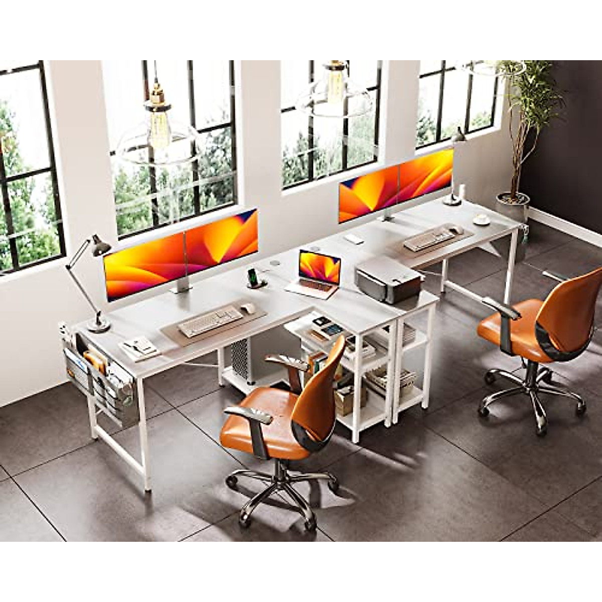 ODK Small L Shaped Computer Desk, 55 Inch Corner Desk with Reversible Storage Shelves & PC Stand for Home Office Workstation, Modern Simple Writing Study Table with Storage Bag for Small Space, White