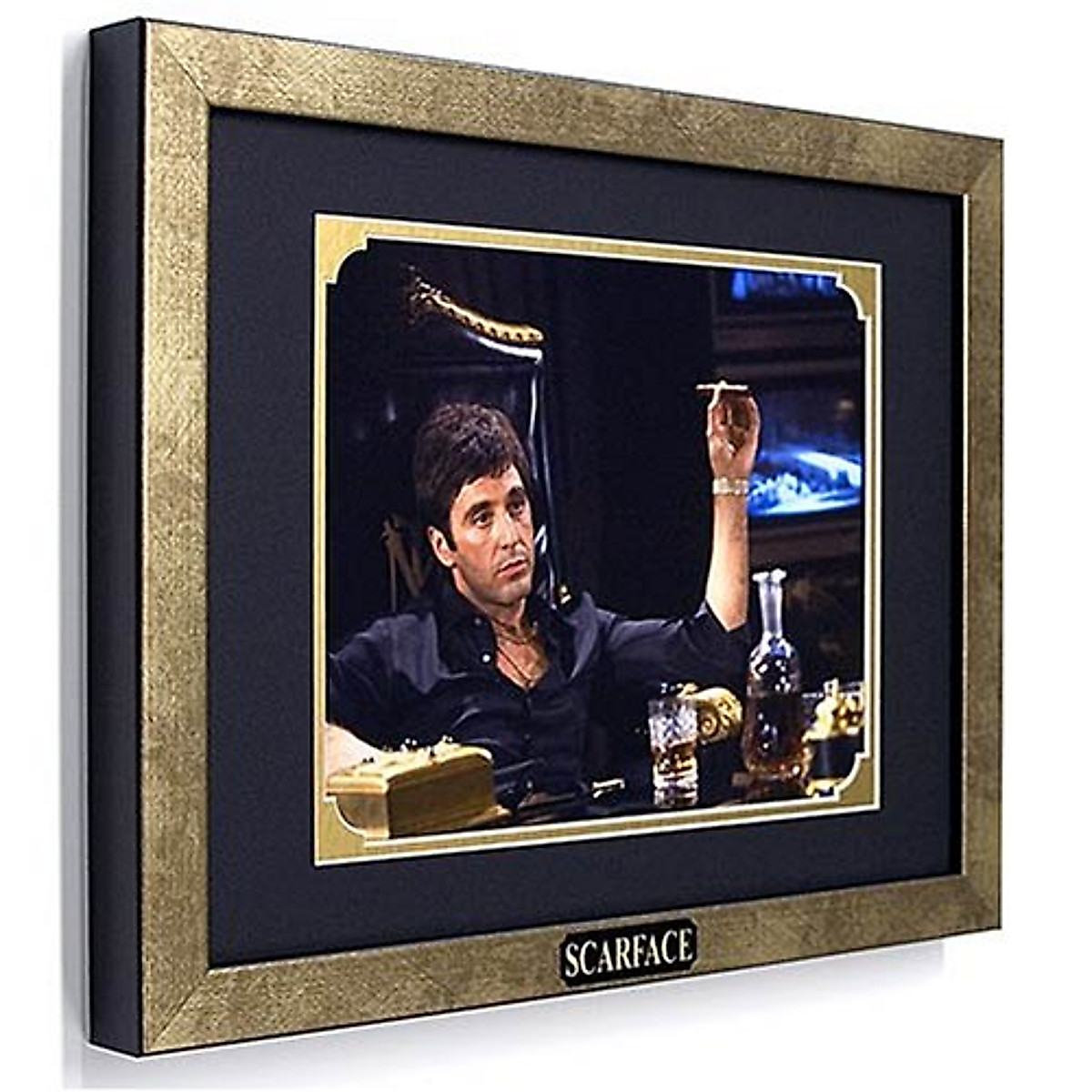 Scarface - Al Pacino as Tony Montana with Cigar. Framed Photo in the Custom Made Modern Scratched Gold Wood Frame (15.5 x 12.5)