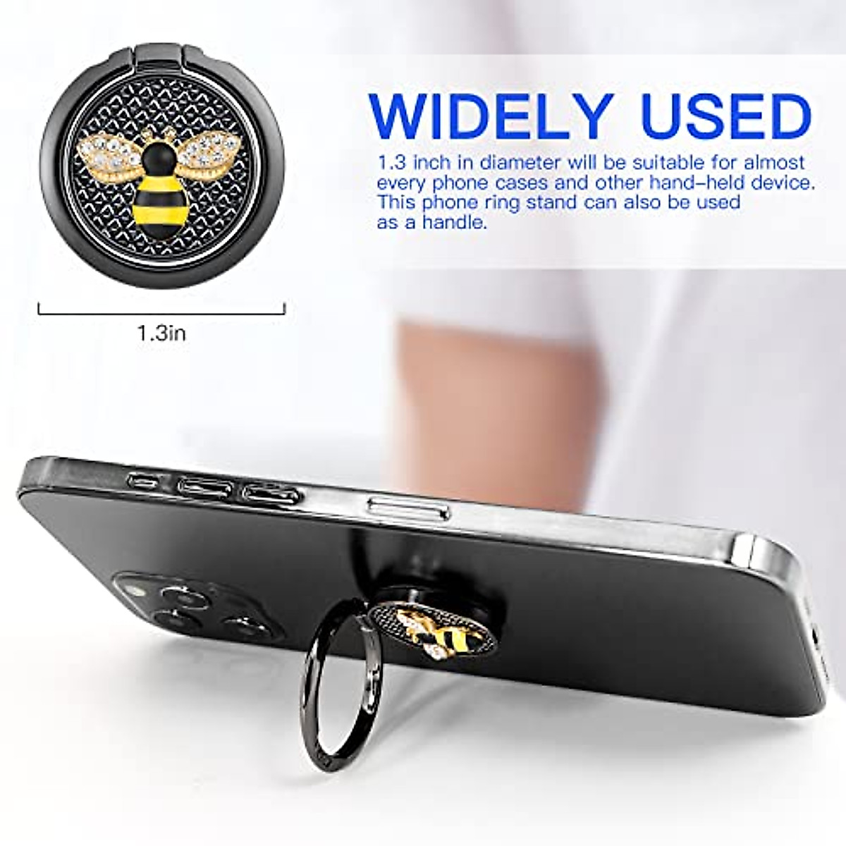 YINHEXI Phone Ring Holder Finger Kickstand, Cell Phone Ring Holder Finger Grip 360 Degree Rotation, with Crystal Stone Enamel Bee (Black)