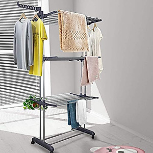 YOUUD Clothes Drying Rack 3-Tiers with Retractable Trays, Collapsible Shelves, Rolling and Base with Casters, Stainless Laundry Dryer Indoor/Outdoor Standing Rack