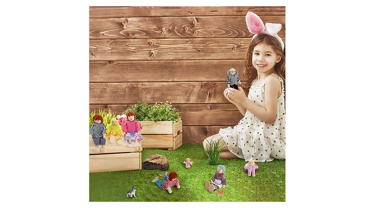 Skylety Wooden Dollhouse Family Set – 10 Mini Figures & Pets