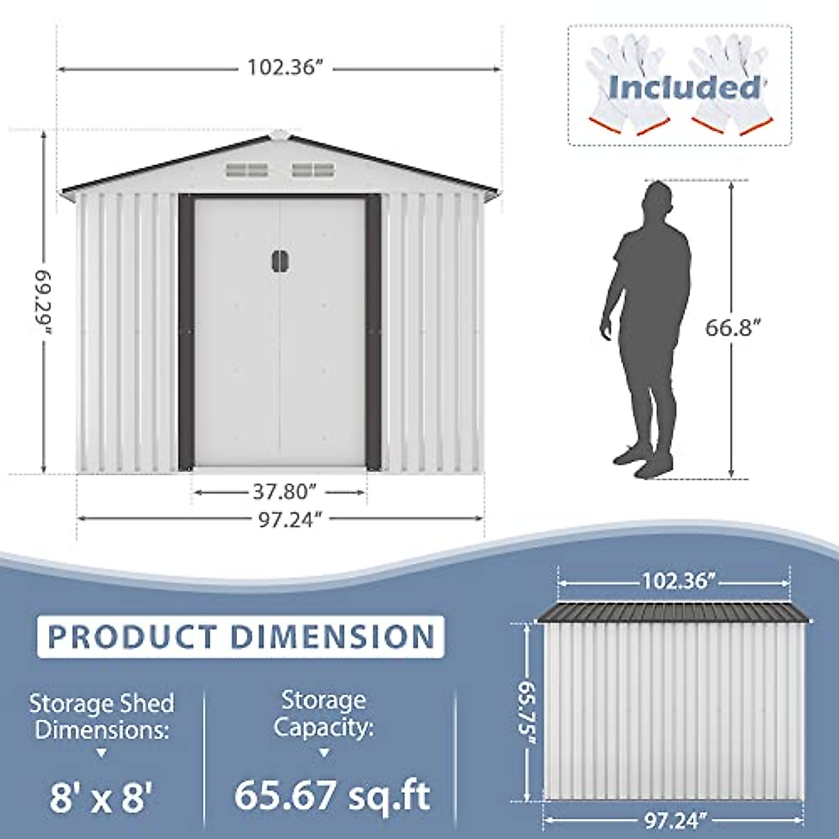 HOGYME 8' x 8' Storage Shed Outdoor Garden Shed Metal Shed Suitable for Storing Garden Tool Lawn Mower Ladder