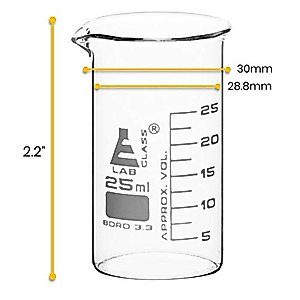 EISCO Beaker, 25ml - Tall Form with Spout - White, 2.5ml Graduations - Borosilicate 3.3 Glass