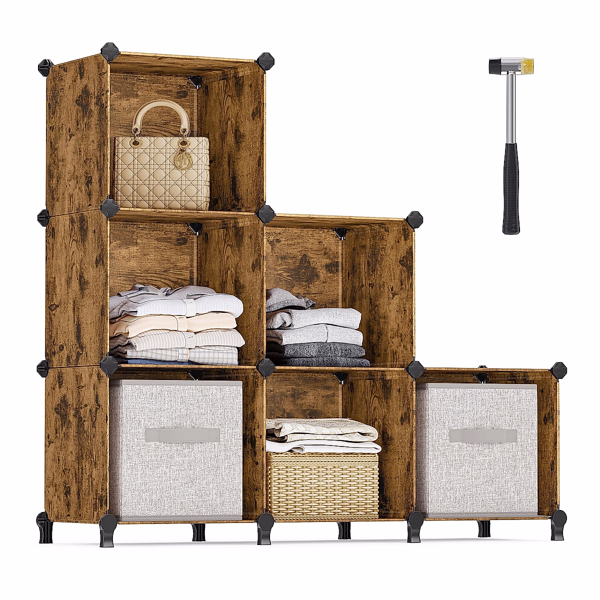 SONGMICS 6 Cube Storage Organizer, DIY Closet Shelf, Plastic Clothes Organizer, Modular Bookcase, 14.6 x 13 x 13 Inch Cubes, with Feet and Rubber Mallet, Rustic Brown ULPC206A01