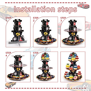 Waenerec Race Car Birthday Party Supplies 8PCS Tire Balloons & 3 Tier Cupcake Stand Food Display Dessert Holders Tower for Kids Classic Car Party Decorations