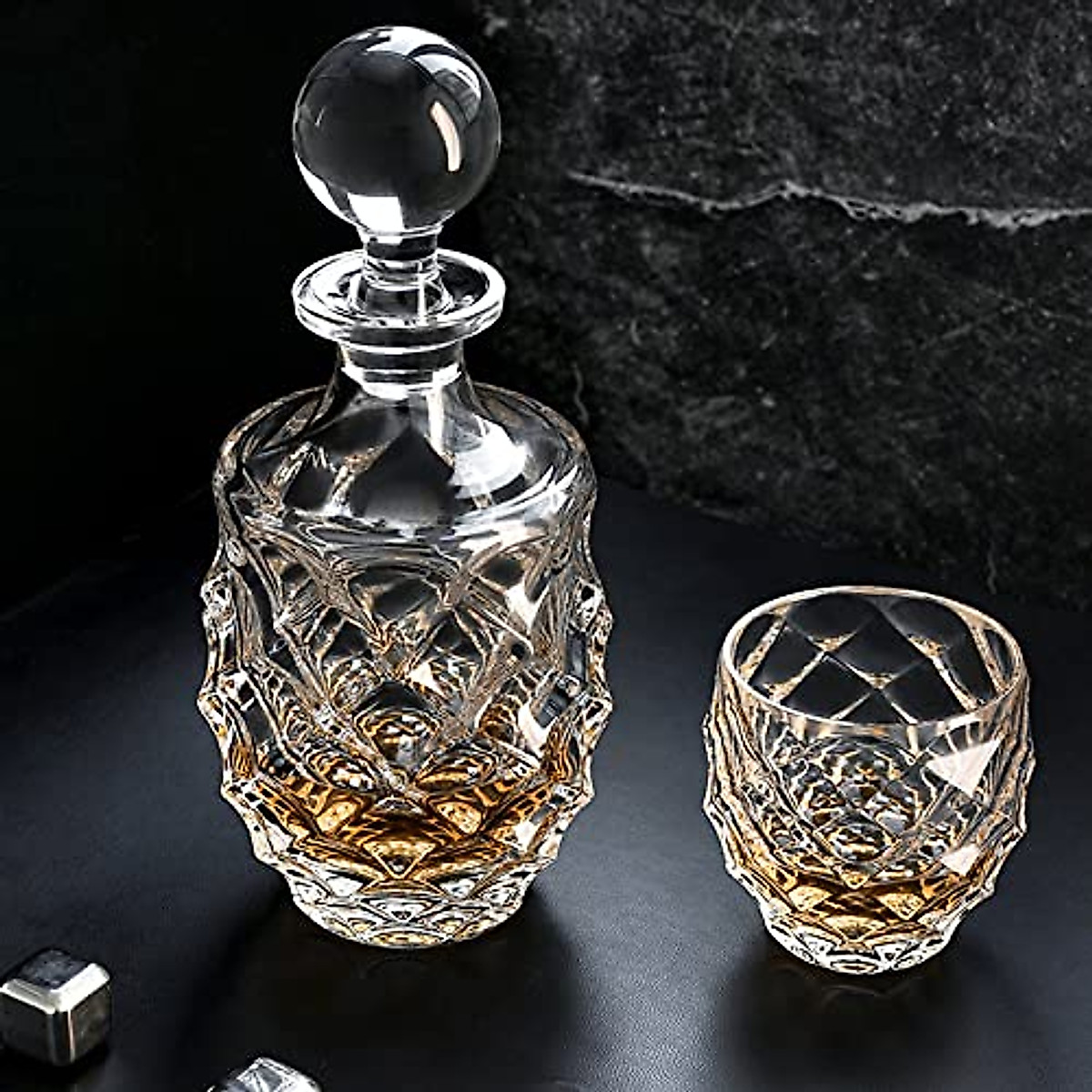 Czech Crystal Glass Whiskey Set 1+6 Elegant Design "Morris" Decanter 25oz./750ml.+Tumblers 11oz./320ml. Heavy Base Old Fashioned Style Bourbon Scotch Brandy Vodka Birthday Wedding Housewarming Gift