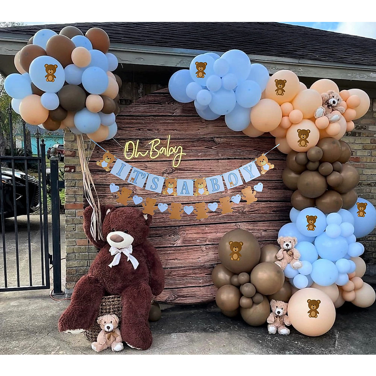 Teddy Bear Baby Shower Decorations For Boy- Bear themed 121pcs Brown Blue Balloon Garland Arch Kit, It’s A Boy Banner, Teddy Bear Stickers, Coffee Boho Balloon Arch, Gender Reveal