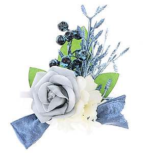 hobbyme 2Pcs Rose Wrist Corsage Wristlet, Blue White Pink Corsage and Boutonniere Set, Artificial Flower Wrist Corsage with Ribbon