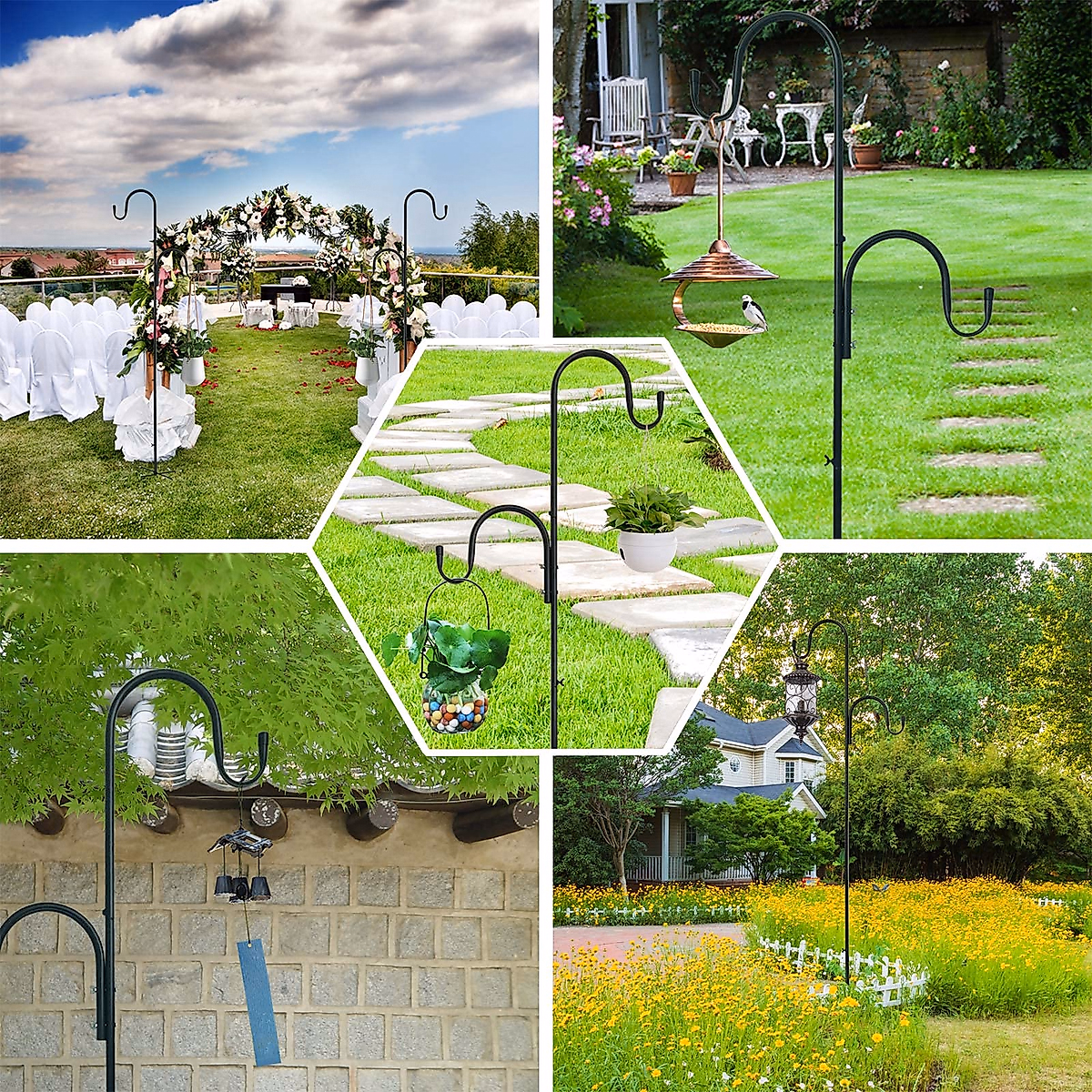 MIPON 2 Pack 78 Inch Double Shepherds Hooks for Outdoor Bird Feeder,Hanging Plants,Solar Light,Adjustable 78/62/46/30 Inch,5/8 Inch Width Heavy Duty Garden Shepards Hook