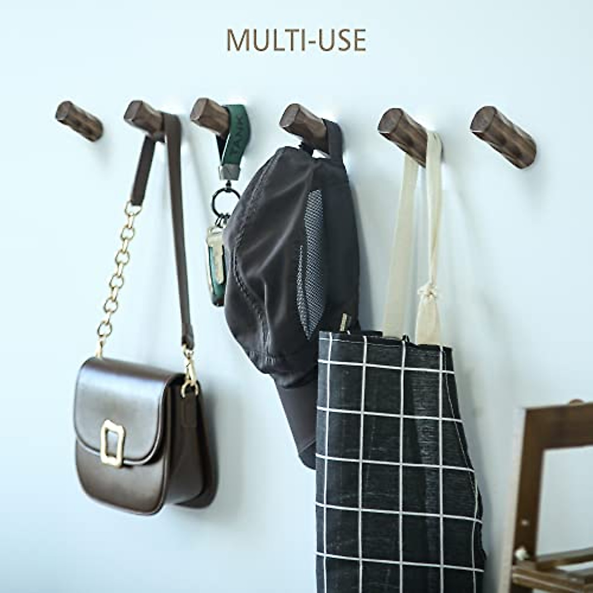 GRAPMKTG 6 Pack Wood Wall Hooks Coat Hooks Wall Mounted Wooden Hooks Heavy Duty Robe Hook Hat Rack Backpack Hooks for Baseball Caps Hanging Bathroom Towels Clothes Hanger Black Walnut