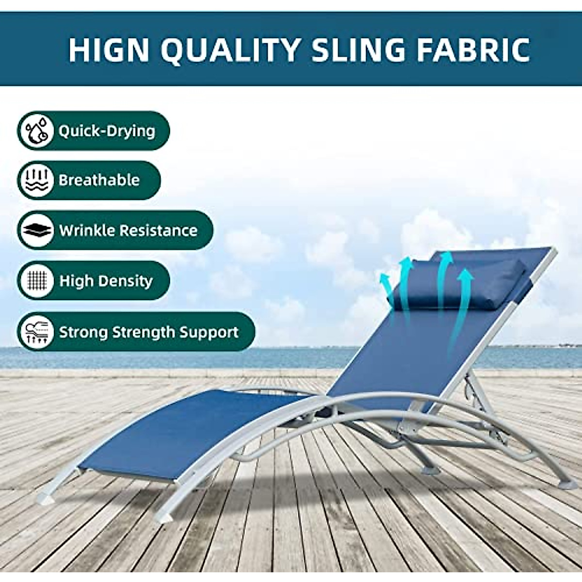 Domi Outdoor Chaise Lounge Set of 3,Patio Lounge Chair with Side Table, Adjustable Garden Aluminum Reclining Chair for Pool Beach Sunbathing Chair (Blue)