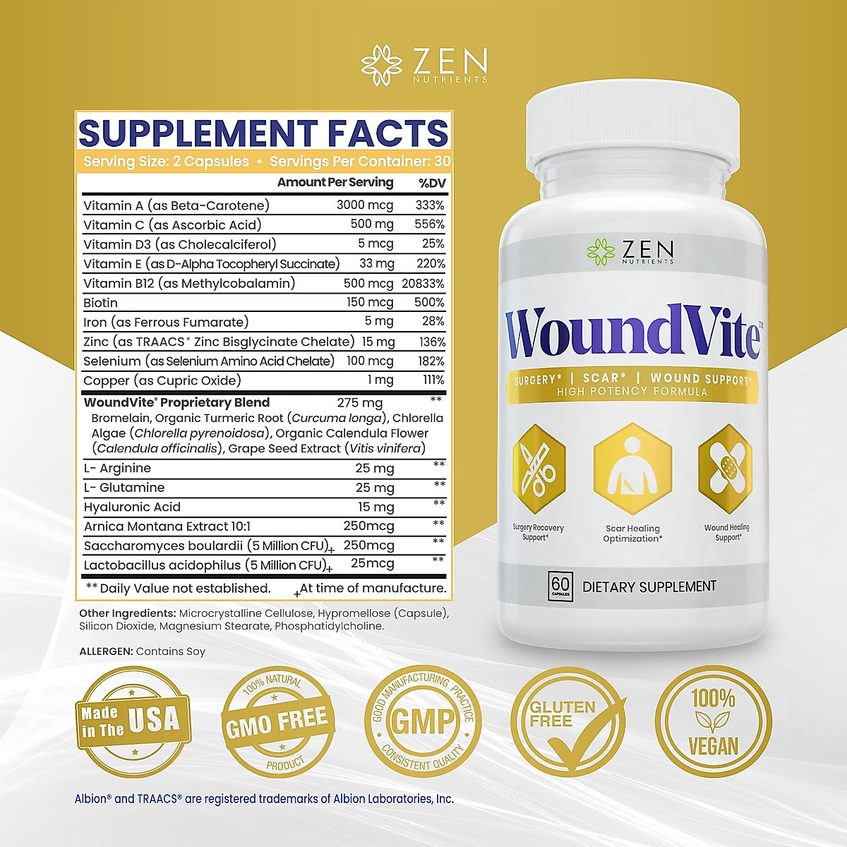 Zen Nutrients WoundVite Pre & Post Surgery Support, Scar & Wound Care, Scar Treatment, Plastic & General Surgery, Heal Faster & Aids in Recovery Time w/ Bromelain, Turmeric & Arnica - 60 Vegan Caps