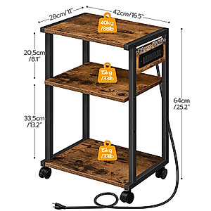 HOOBRO Industrial Printer Stand with Charging Station, 3-Tier Printer Table, Rolling Printer Cart with Adjustable Shelf and Hook, Rustic Brown and Black BF28UPS01