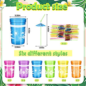 100 Pcs 12 Oz Hawaiian Luau Plastic Party Cups 100 Pcs 9.45 Inch Umbrella Parasol Drinking Straws Umbrella Straws for Cocktail Juice Milkshake Beach Hawaiian Party Luau Summer Decorations Supplies
