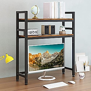 XTESMS Desktop Bookshelf, 2-Tier Multipurpose Countertop Storage Hutch for Computer Desk, Adjustable Wood Display Rack Organizer for Dorm Office Home - Brown