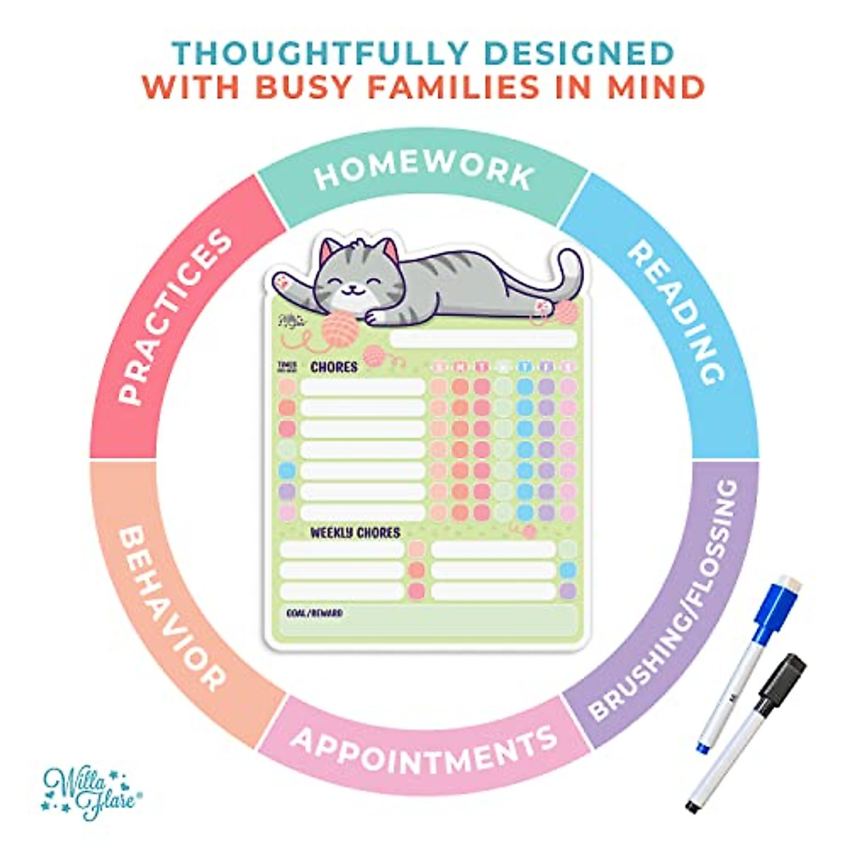 Willa Flare Fridge Chore Chart 1 pc | Magnetic Chore Chart For Kids and Adults | Helps to Reward Responsibility with Family Chores Charts | Includes Wet and Dry Erase Markers (Gray Cat)