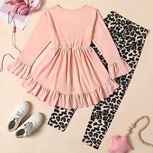 Axumity Kid Girls Clothes Ruffled Long-sleeve High Low Top with Bowknot + Leopard Print Pants 2-piece Winter Spring Girl Outfit Set(8-9t)