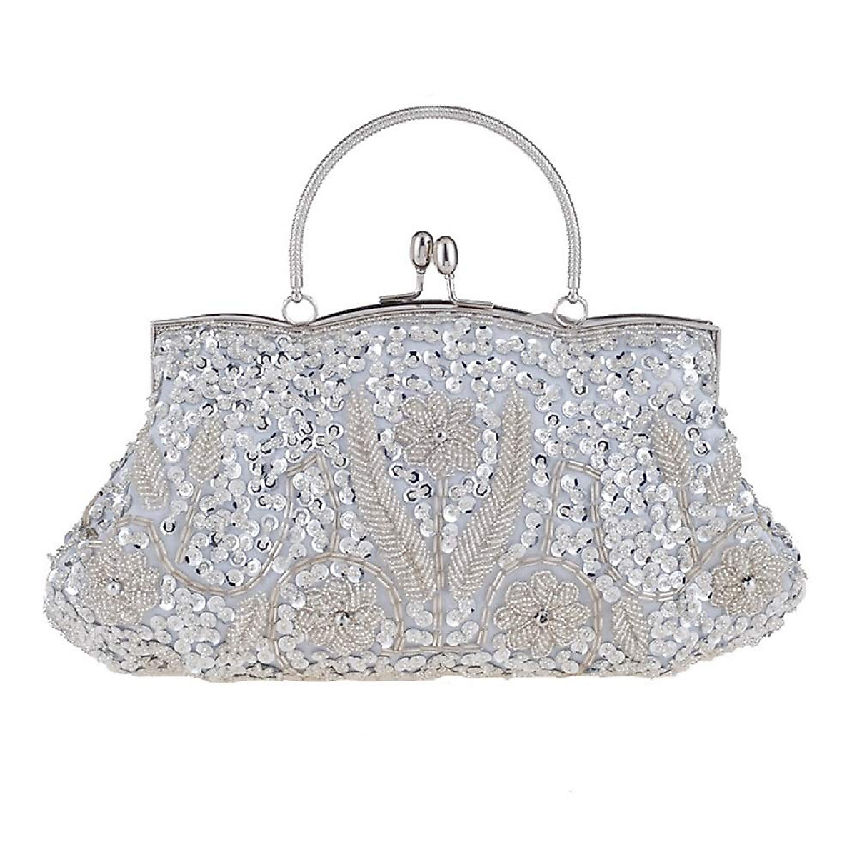 Abbie Home Beaded Sequins Sparkle Evening Handbag Wedding Bridal Party Prom Women's Clutch tote bag (Silver)