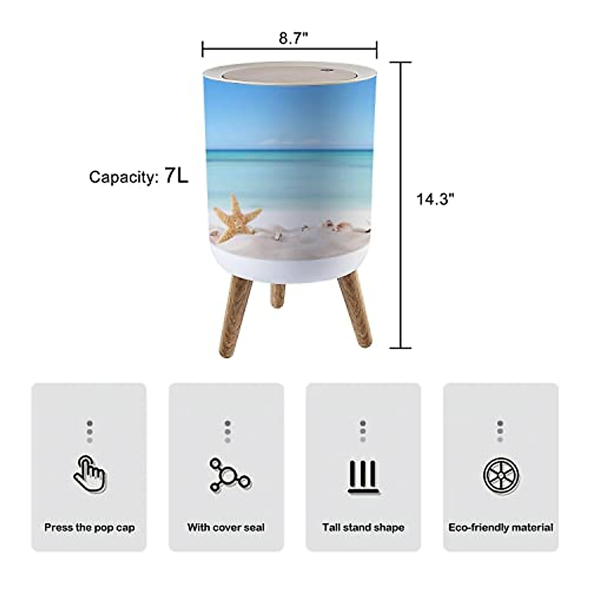 Small Trash Can with Lid Summer Beach with strafish and Shells 7 Liter Round Garbage Can Elasticity Press Cover Lid Wastebasket for Kitchen Bathroom Office 1.8 Gallon