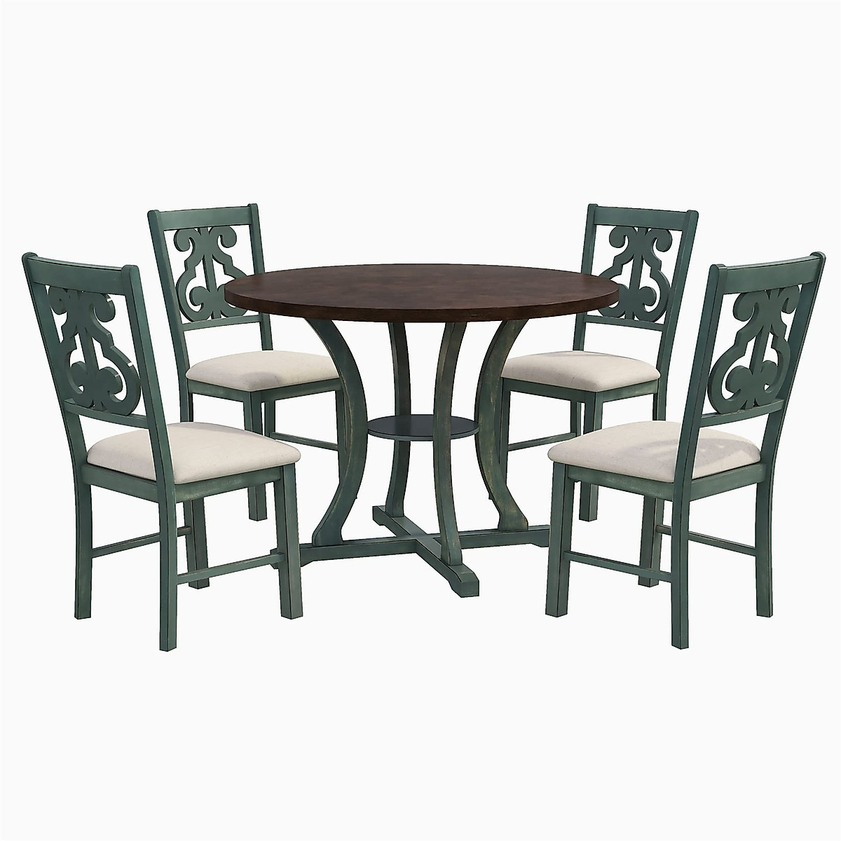5 Piece Round Dining Table and Upholstered Chair Set with Special-Shaped Legs and Hollow Chair Back for Dining Room, Wood Kitchen Dining Set for 4 Persons (Antique Blue & Dark Brown)