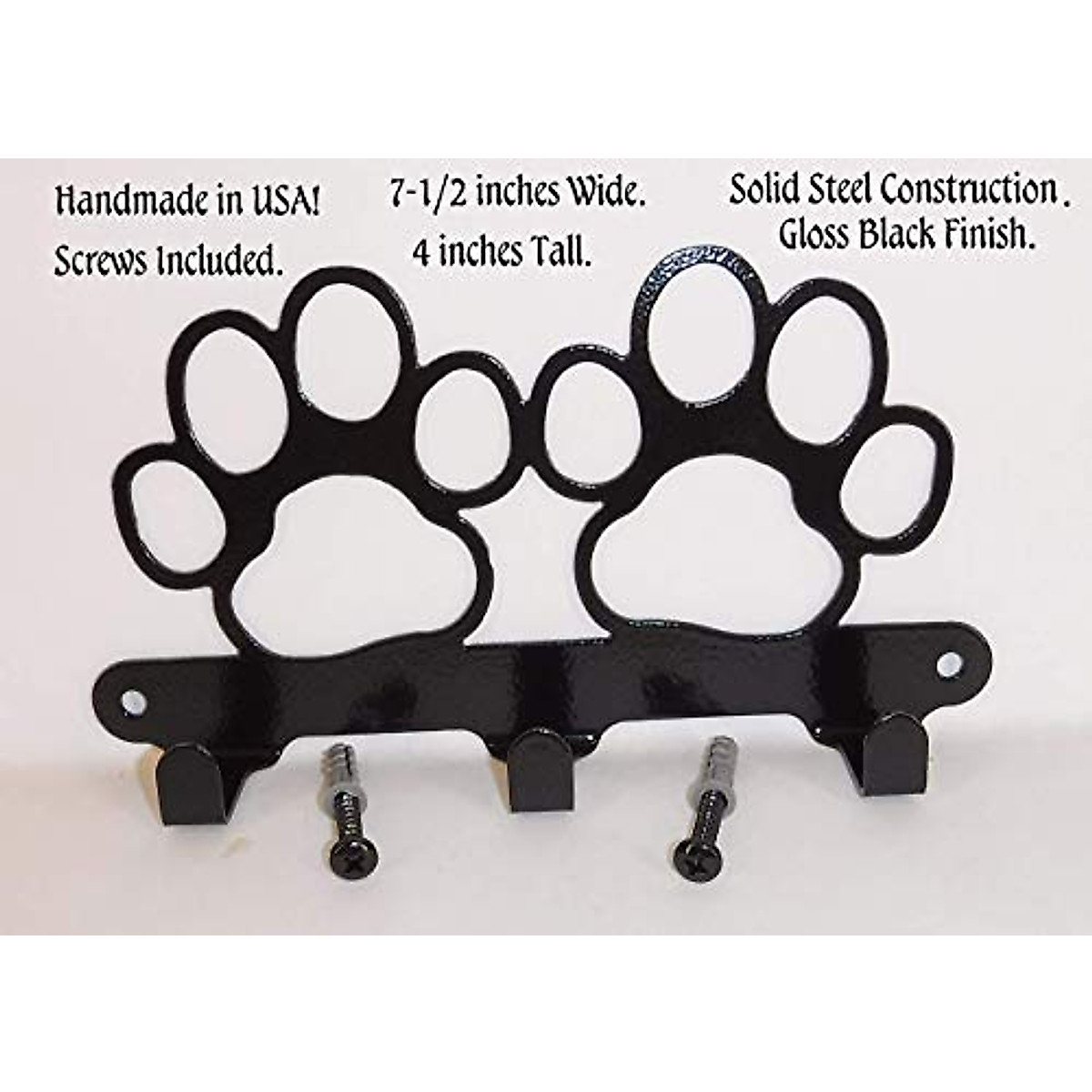 Double Dog Paw Leash Hook. Solid Steel. Handmade in USA. Gloss Black Finish. Screws Included.