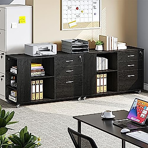YITAHOME Mobile Wood File Cabinet, 3 Drawer Lateral Filing Cabinet, Black