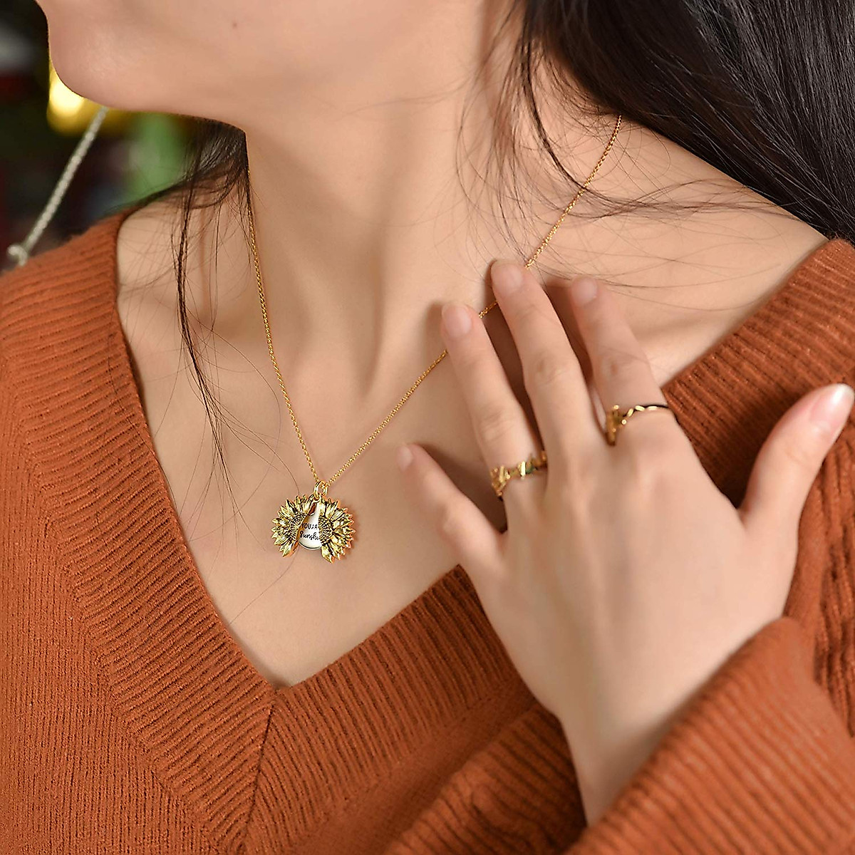 Sterling Silver Sunflower Locket Necklace You Are My Sunshine Engraved Pendant Necklaces Jewelry for Her (Gold)