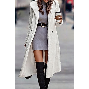 PRETTYGARDEN Women's Fashion Winter Coats Fuzzy Fleece Long Hooded Jackets Button Down Faux Fur Warm Outerwear (Beige White,Large)