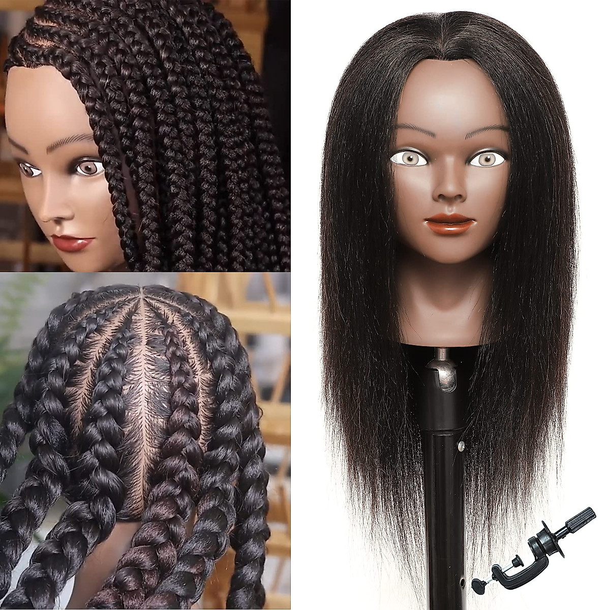 Mannequin Head with Human Hair for Braiding 100% Real Hair Mannequin Head Cosmetology with Hair Doll head for Hair Styling Free Table Mannequin Stand(14")