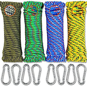 Wellmax Diamond Braided Polypropylene Rope with UV Treatment and Weather Resistant, 4 Pack 3/16 inch x 50ft Multi-Color and 8 Bonus Spring Links