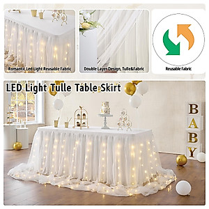 leegleri White Tulle Table Skirt for Baby Shower,6FT White Ruffle Tutu Table Skirt with LED Light for Wedding Bridal Shower Baby Shower Baptism Birthday Party Banquet Decoration