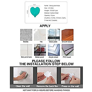 Adhesive Hooks Heart Shape Wall Hooks Hangers Heavy Duty Waterproof Creative Sticky Hanger Hook for Kitchen Utensils, Keys, Robe, Coat, Towel, Bags (Pack of 12)