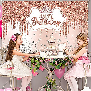 Rose Gold Happy Birthday Backdrop for Girls Women Rose Gold Happy Birthday Banner Glitter Diamond Birthday Backdrop Sweet Princess Birthday Photography Background