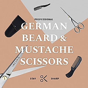 ONTAKI 5" Professional German Steel Beard & Mustache Barber Scissors - 2 Comb & Carrying Pouch - Hand Forged With Bevel Edge For men - Men’s Facial Hair Grooming Kit Body or Facial Hair (Silver)