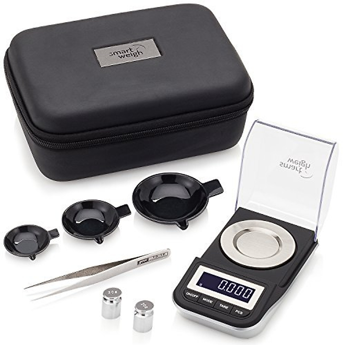 Smart Weigh 50g x 0.001 Grams, Premium High Precision Digital Milligram Scale, Includes Tweezers, Calibration Weights ,Three Weighing Pans and Case