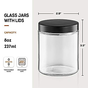 12 Pack, 8 OZ Thick Glass Jars with Lids, Clear Round Candle Jars with 12 Metal Lids & 12 Plastic Lids - Empty Food Storage Containers, Canning Jar For Spice, Powder, Liquid, Sample - Dishwasher Safe