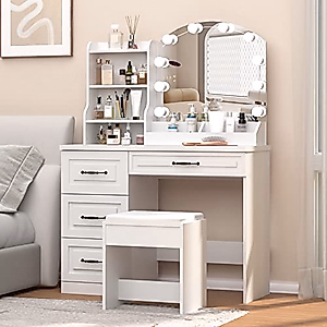 Vabches Makeup Vanity Desk with Lights and 4 Drawers, White Vanity Set Makeup Table Lots Storage, 3 Lighting Colors, Large Size 39.4in(L), White-L