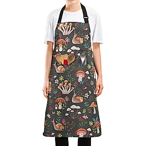 linqin Mushroom with Snails Aprons for Women Men Adjustable Bib Kitchen Chef Apron with 2 Pockets Long Ties for Cooking, BBQ
