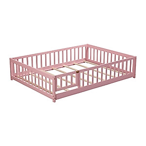 Harper & Bright Designs Full Size Floor Bed Montessori Bed Frame with Fence and Door, Wooden Full Platform Bed for Kids, Boys Girls, Slats Included, No Box Spring Needed (Full, Pink)