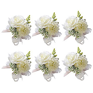 Surakey 6 Pieces Wrist Corsage Brooch for Wedding Ceremony for Bridesmaid Mother Grandmother for Bridal Shower Wedding Artificial Flower Rose Hand Wristlet Band Bracelet, Type 6 White