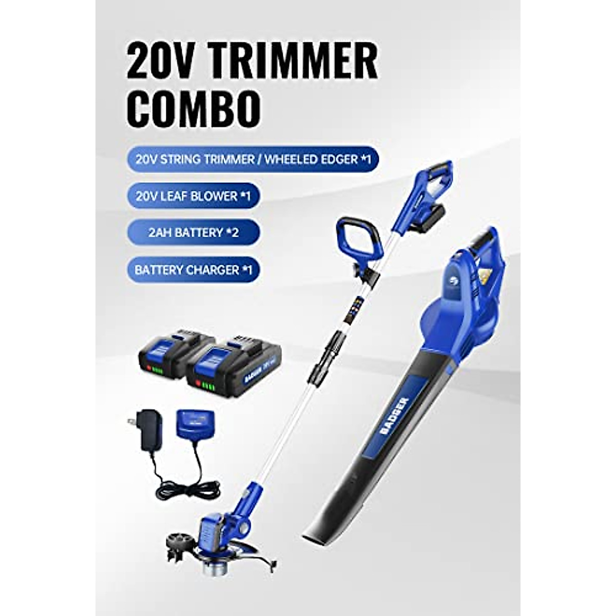 WILD BADGER POWER 20V Weed Eater/Wacker,Leaf Blower,Wheeled Edger Kit Electric with 2 * 2Ah Battery & Charger,String Trimmer,Lightweight, Adjustable Telescopic Shaft, Easy to Use and Convert