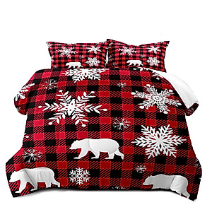 LUVIVIHOME 3PCS Christmas Bear Comforter Set Queen Size, White Snowflake Red Black Plaid Xmas Holiday Cabin Christmas Bedding for Kids Girls Boys, Christmas Bedroom Decor, 2 Pillow Shams