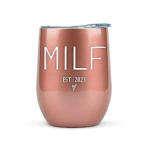 KLUBI New Mom Gifts 2023 MILF - 12oz Wine/Coffee Tumbler/Mug - Funny Gift Idea for First Time Mom, Women, Basket, Mommy, Pregnancy, Push, Baby Shower Gifts, Glass, Mom to Be, Mothers Day