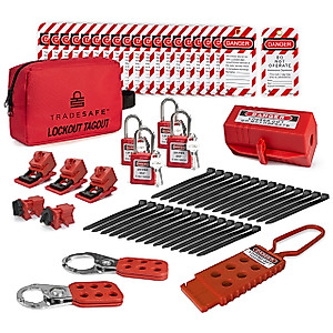 TRADESAFE Electrical Lockout Tagout Kit - Hasps, Clamp on and Universal Multipole Circuit Breaker Lockouts, Loto Tags, Plug Lockout, Loto Locks Set (2 Keys Per Lock) for Safe Electrical Lockouts Red