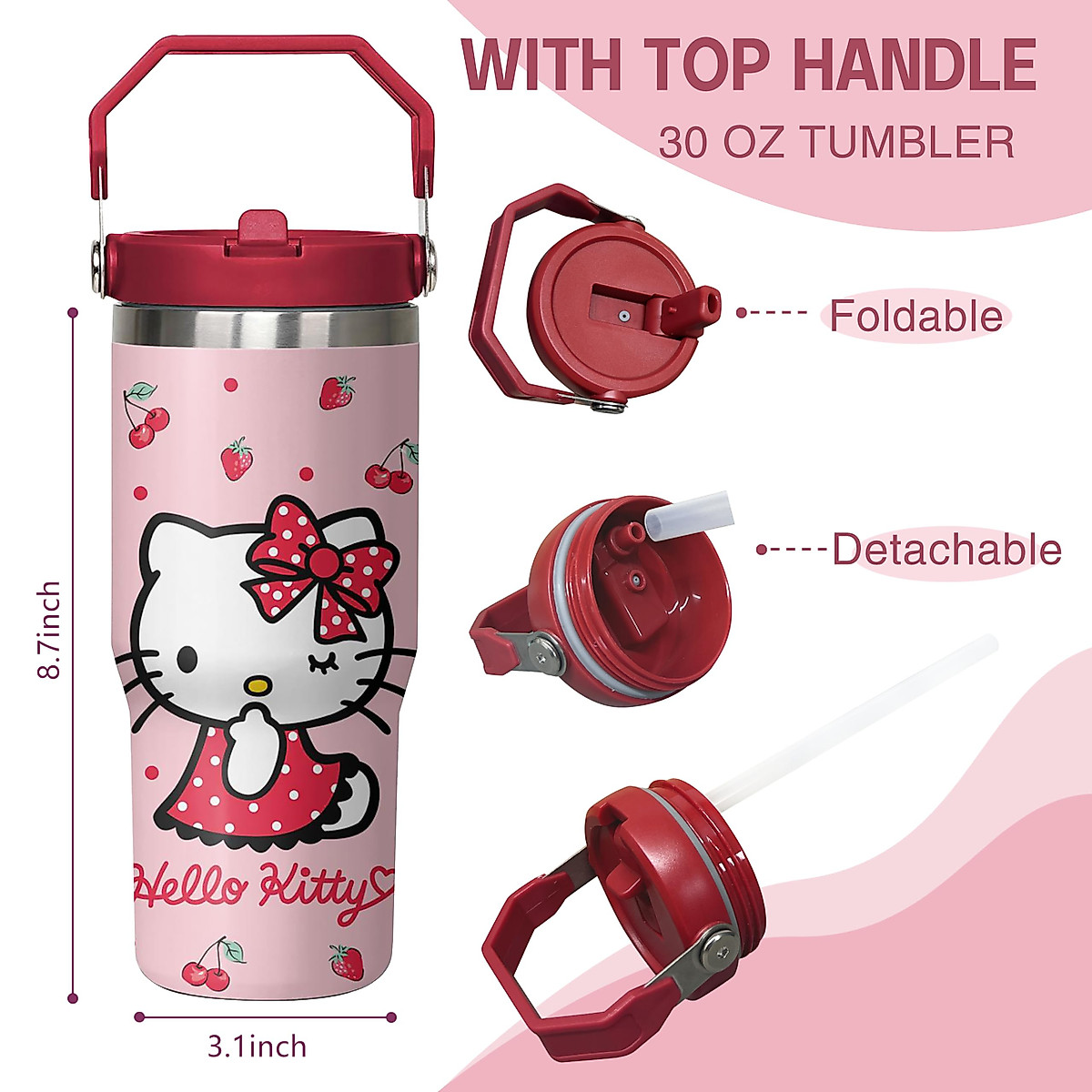 Kitty Tumbler for Adults Water Bottle 30 Oz Tumbler with Handle and Straw Kitty Cups for Kids Pink Coffee Mug Kitty Stuff Cat Insulated Cup Gifts for Girl Women