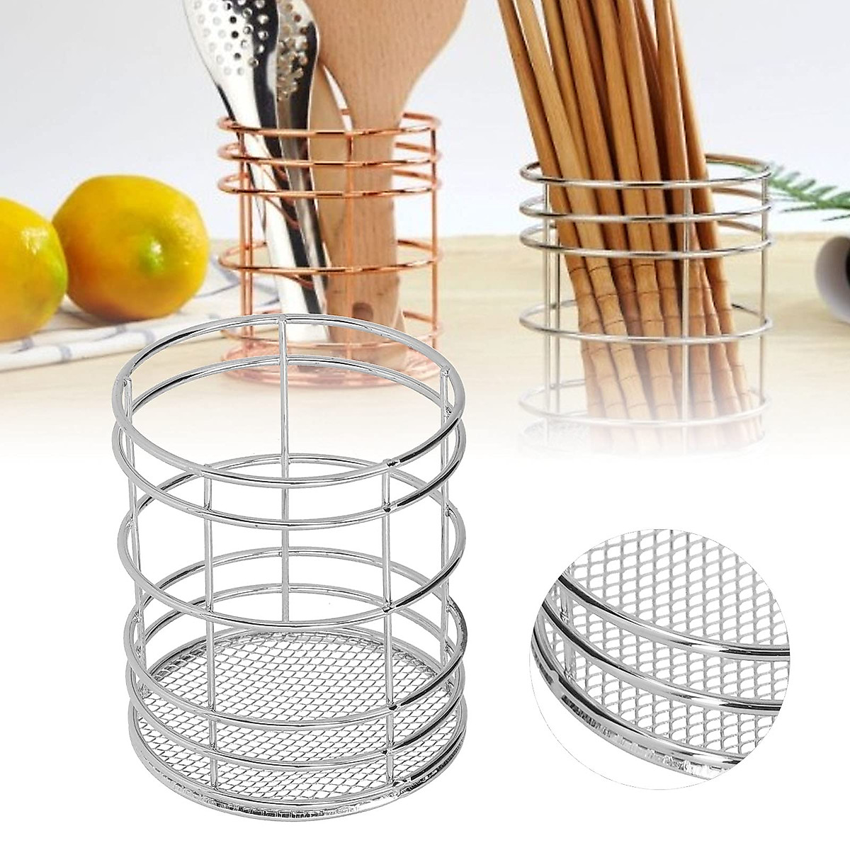 BORDSTRACT Small Wire Utensil Holder, 11x9x9cm Metal Round Pen Holder, Make Up Brush Holder Desk Cutlery Chopsticks Organizer for Kitchen Counter Home Office(Silver)